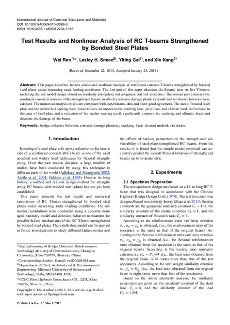 Pdf Test Results And Nonlinear Analysis Of Rc T Beams Strengthened By Bonded Steel Plates