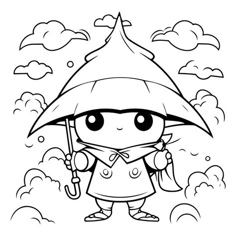 컬러링 책 을 위한 귀여운 작은 마법사 캐릭터 의 흑백 만화 일러스트레이션 프리미엄 벡터