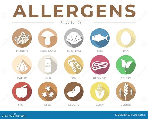 Colorful Allergens Icon Set Allergens Mushroom Shellfish Fish Egg
