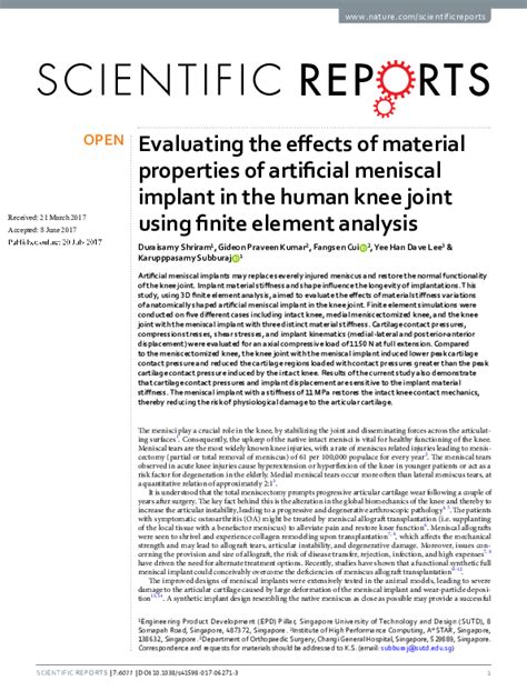 Pdf Evaluating The Effects Of Material Properties Of Artificial Meniscal Implant In The Human