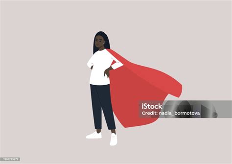 빨간 망토를 입은 젊은 여성 아프리카 캐릭터 일상 생활에서 초능력 슈퍼히어로에 대한 스톡 벡터 아트 및 기타 이미지 슈퍼히어로 아프리카 민족 아프리카계 미국 민족