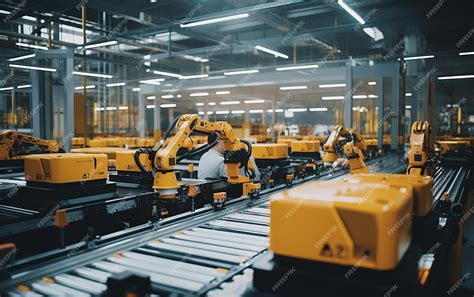 Premium Ai Image Futuristic Production Robots And Automation Revolutionizing The Factory Floor
