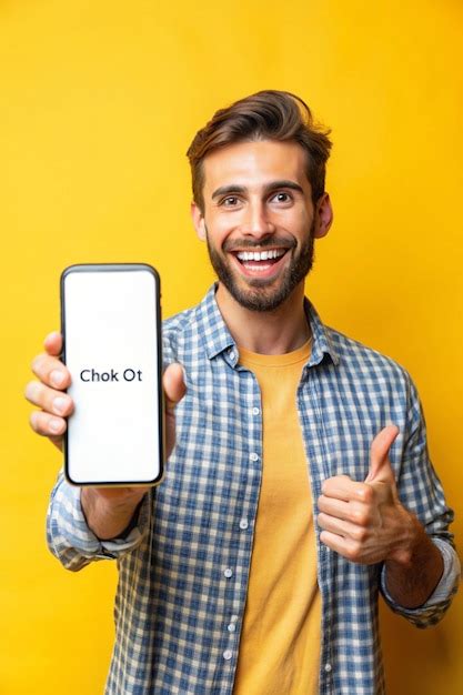 Premium Photo Mobile App Advertisement Handsome Excited Man Showing Smartphone With White