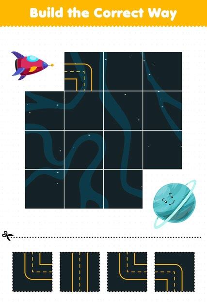 어린이를 위한 교육 게임은 귀여운 만화 태양계 로켓이 푸른 행성으로 이동하는 데 도움이 되는 올바른 방법을 구축합니다 프리미엄 벡터