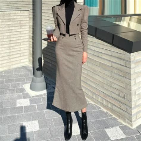 뮤즈 하운드 자켓 스커트 셋업 도톰 겨울 머메이드 롱 크롭 숏 하객룩 면접룩 세트 투피스 Set