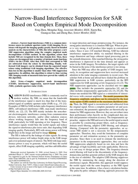 2009 Narrow Band Interference Suppression For Sar Based On Complex Empirical Mode Decomposition