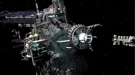 Asteroid Mining Spaceship Docked At Space Station