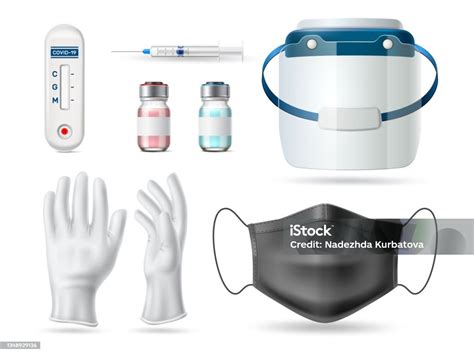 의료 보호 요소 사실적인 바이러스 보호 외과 용 마스크와 방패 바이알 백신 헬스케어 도구 질병 예방 코비드19 테스트 벡터