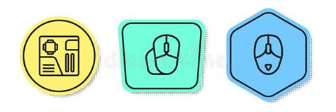Set Line Motherboard Digital Chip Computer Mouse And Colored Shapes Stock Vector
