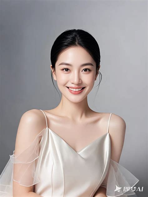 亚洲气质女，妆发干净利落，看得见头顶和肩膀人像摄影，8k 清晰的皮肤纹理，汗毛，面部特写，35mm，景深，白皮肤，拍摄腰部，纯色背景，微笑，面部透亮光泽，穿着绸缎衣服（ 花瓣网