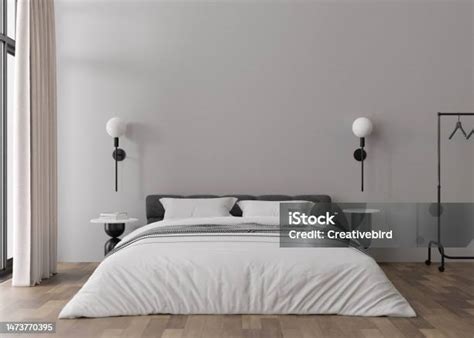 인테리어 모형 로프트 스타일 현대적인 침실의 빈 벽 아트웍 사진 포스터를위한 공간을 복사하십시오 현대적인 스타일의 인테리어 디자인 침대가 있는 아파트 또는 호텔 객실 3d