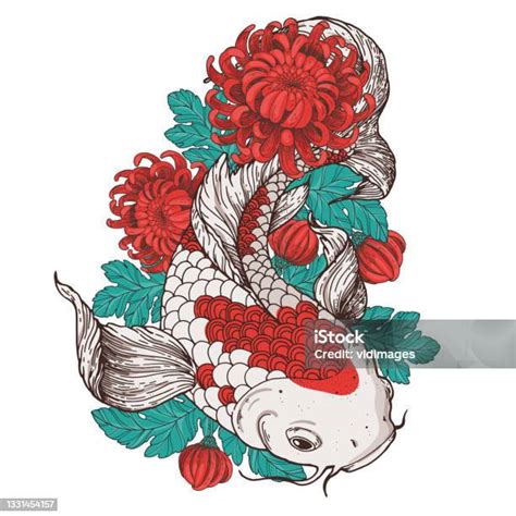 잉어 잉어와 국화 꽃 벡터 그림입니다 문신 인쇄 티셔츠 프린트 패브릭 및 기타 용도에 대한 손으로 그린 일러스트레이션 문신에 대한 스톡 벡터 아트 및 기타 이미지 Istock