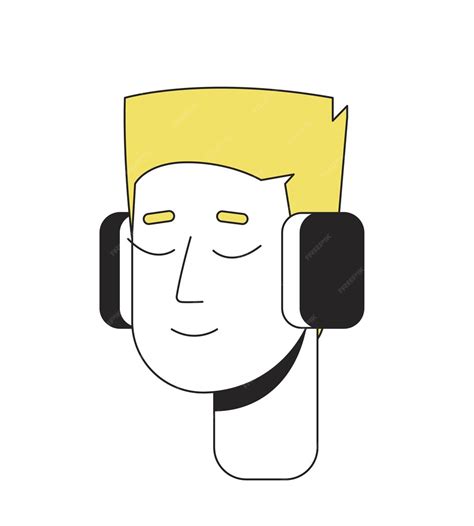 금발 플래트탑 남자 헤드폰 음악을 듣는 2d 선형 만화 캐릭터 머리 평평한 머리카락을 가진 남자 고립된 선 ⁇ 터 사람 얼굴