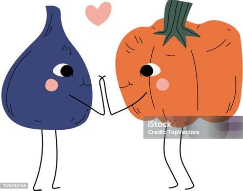 귀여운 무화과 와 호박 들고 손 쾌활한 야채와 과일 문자 와 재미있는 얼굴 가장 친한 친구 행복한 커플 에 사랑 벡터 일러스트 과일에 대한 스톡 벡터 아트 및 기타 이미지