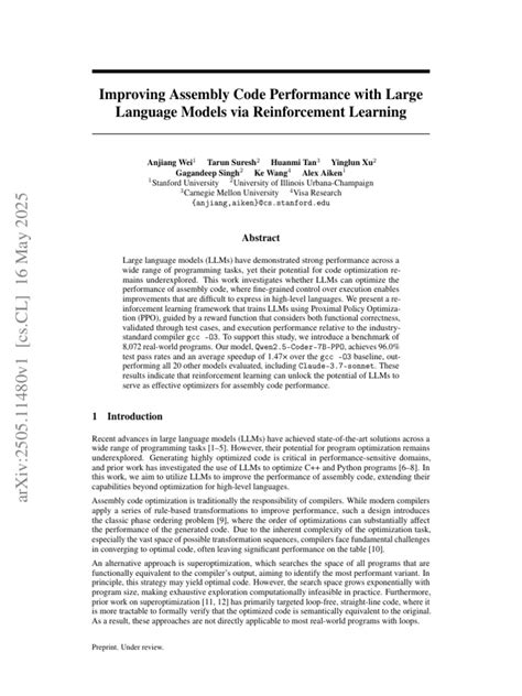 Improving Assembly Code Performance With Large Language Models Via Reinforcement Learning Pdf