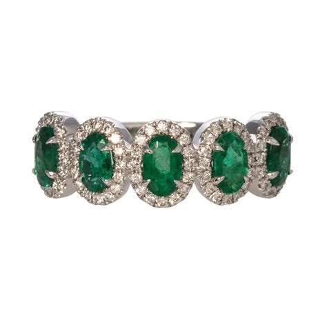 Five Stone Oval Emerald And Diamond Halo 14k White Gold Ring
