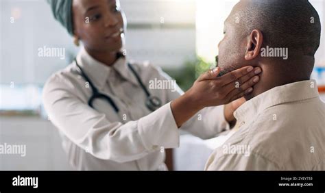 Hands Doctor And Check Neck Of Patient For Thyroid Exam Touch Tonsils