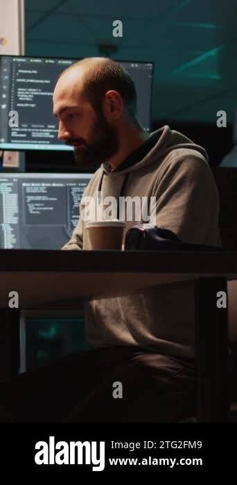 Vertical Video Software Developer Celebrating Coding Achievement And Typing Programming Code On