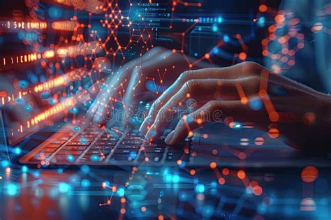 Close Up Of Hands Typing On A Keyboard With A Digital Futuristic