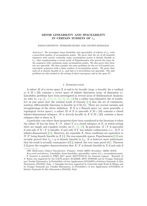 Pdf Dense Lineability And Spaceability In Certain Subsets Of Ell { Infty}