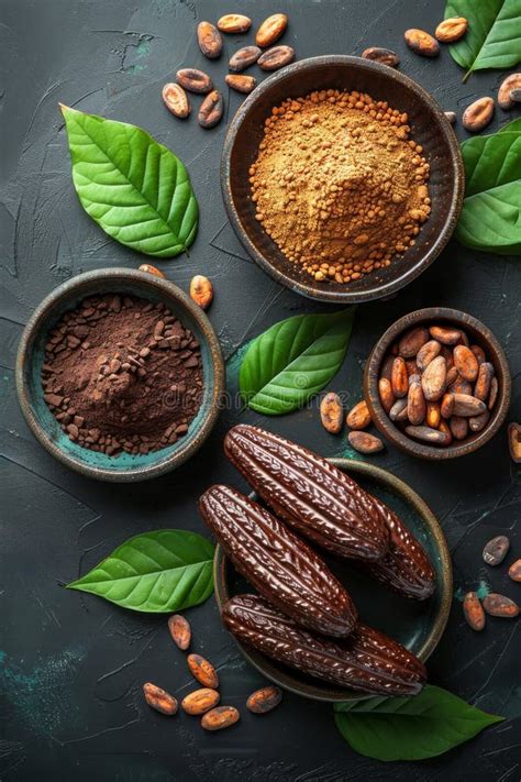 Cocoa Beans Cocoa Powder Cocoa Butter And Cocoa Powder In Bowls On Dark Background Stock Image