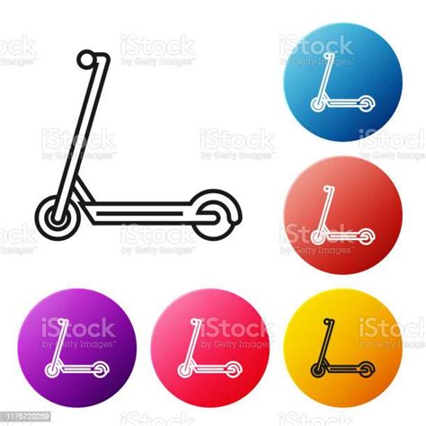 흰색 배경에 격리 된 검은 선 스쿠터 아이콘입니다 아이콘 다채로운 원 버튼을 설정합니다 벡터 일러스트레이션 교통수단에 대한 스톡 벡터 아트 및 기타 이미지 Istock