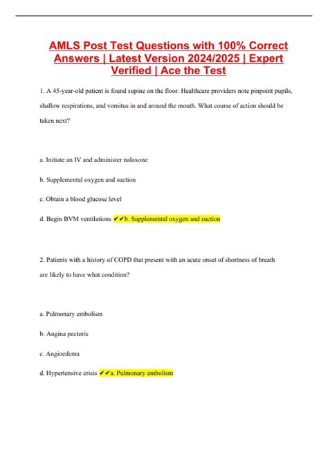 Amls Post Test Questions With 100 Correct Answers Latest Version 2024 2025 Expert Verified