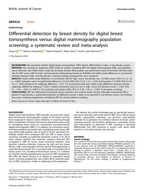 Pdf Differential Detection By Breast Density For Digital Breast Tomosynthesis Versus Digital