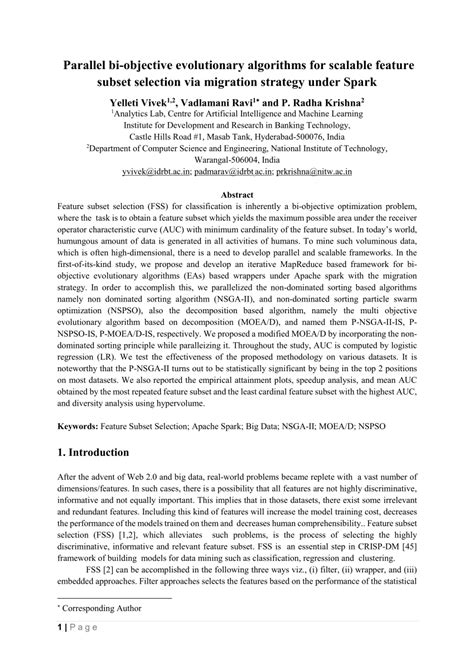 Pdf Parallel Bi Objective Evolutionary Algorithms For Scalable Feature Subset Selection Via