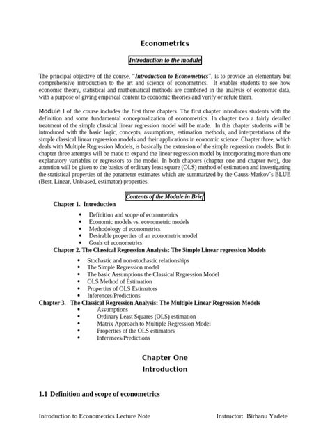 Econometrics Chapter One Pdf Econometrics Regression Analysis
