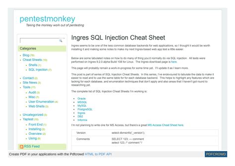 SOLUTION Ingres Sql Injection Cheat Sheet Studypool