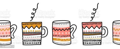 Mups 원활한 벡터 테두리 반복 컵 패턴 화려한 차 커피 또는 핫 초콜릿 머그잔과 손으로 그린 그림 수평 테두리 개체 그룹에 대한 스톡 벡터 아트 및 기타 이미지 Istock