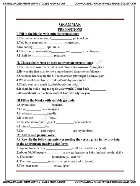 Cbse Class 8 English Worksheet Grammar Prepositions Pdf Pdf Grammar