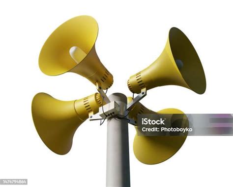 게시물의 전관 방송 알림 확성기 3d 렌더링 안내 또는 공습 경보를 위한 실외 알림 확성기 격리된 배경 Amplify Dot에 대한 스톡 사진 및 기타 이미지 Istock