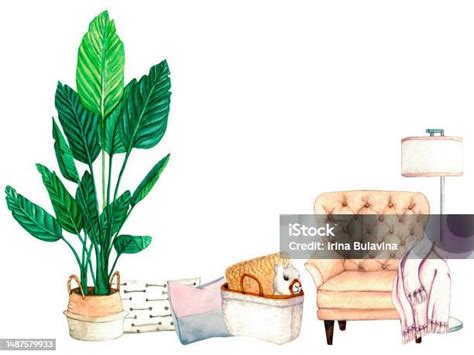 수채화 그림은 집 식물 고리 버들 바구니 장난감 라마 안락 의자가있는 거실의 인테리어입니다 흰색 배경에 가정 장식 요소 가정 생활에 대한 스톡 벡터 아트 및 기타 이미지