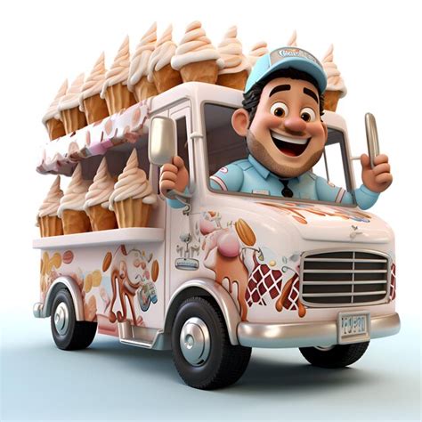 Cartoon Character Of Ice Cream Truck With Driver Holding A Mobile Phone