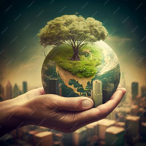 Main Humaine Tenant La Planète Terre Avec Arbre Vert Et Paysage Urbain