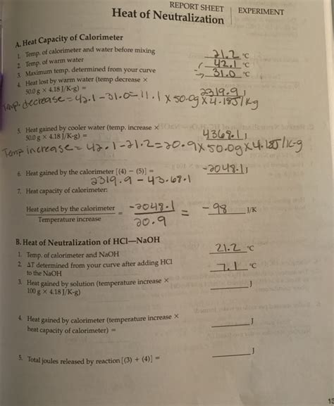 Solved B Heat Of Neutralization Of Hcl Naoh 1 Temp Of