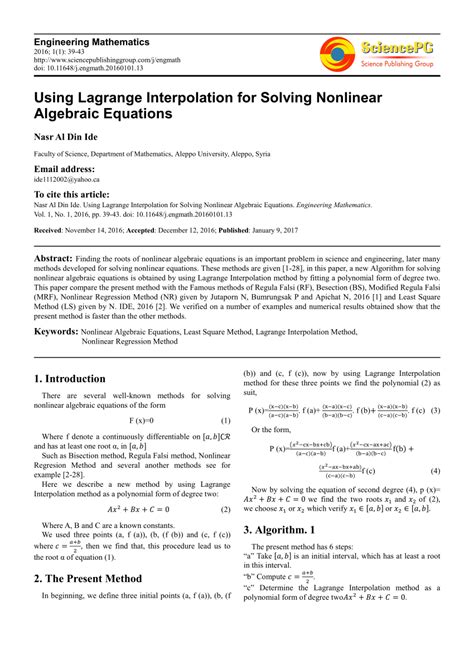 Pdf Using Lagrange Interpolation For Solving Nonlinear Algebraic