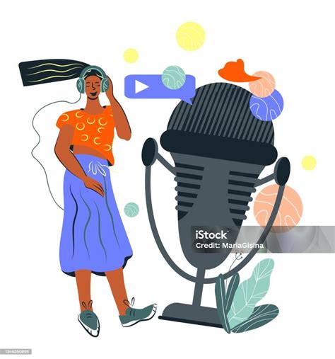 소셜 네트워크에서 온라인 방송 또는 라이브 스트리밍을 듣는 여성 벡터 절연 Live Event에 대한 스톡 벡터 아트 및 기타 이미지 Live Event 공연 교육