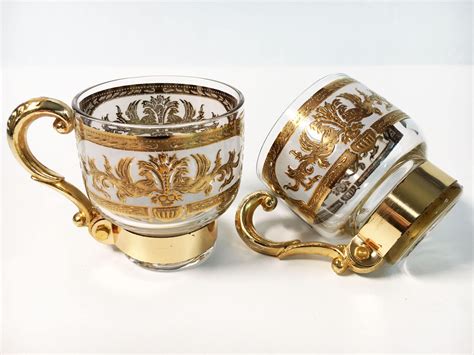 Vintage Gold Glass Coffee Mugs Set Of 4 Clear Dragon Design Gold