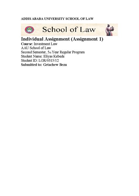 Ella Investment Law Assignment Addis Ababa University School Of Law