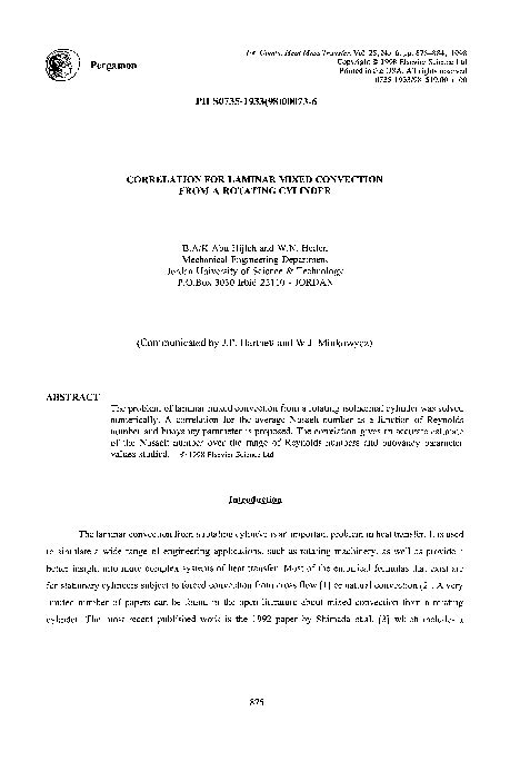 Pdf Correlation For Laminar Mixed Convection From A Rotating Cylinder