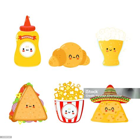 재미있는 행복한 패스트 푸드 캐릭터 세트 벡터 손으로 그린 만화 카와이 캐릭터 일러스트레이션 고립 된 흰색 배경 귀여운 겨자 크로와상 맥주 샌드위치 팝콘 나초 0명에 대한