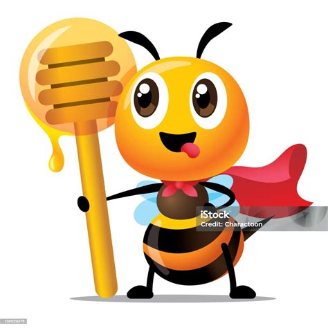 슈퍼 히어로 망토 의상과 꿀 디퍼를 들고 판지 귀여운 꿀벌 귀여운 꿀벌은 꿀과 함께 맛있는 느낌 마스코트 캐릭터 곤충에 대한 스톡 벡터 아트 및 기타 이미지 Istock