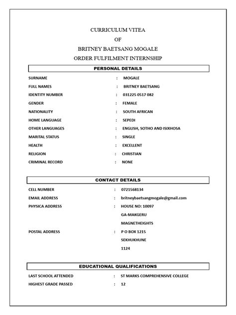 Curriculum Vitea Of Britney Baetsang Mogale Pdf