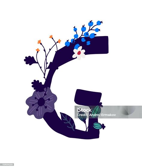 식물과 꽃의 편지 G의 그림 벡터 배너 인사말 카드를 위한 모노 그램 부케와 식물 헤 르 바 륨의 구성 만화 스타일입니다 여름과 봄의 이미지 옷 패턴입니다 개념에 대한 스톡