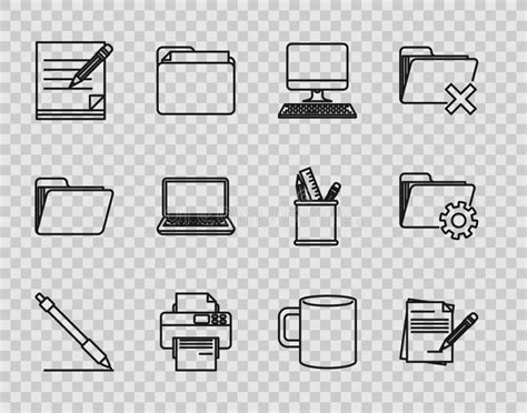 Set Line Pen Line Blank Notebook And Pencil With Eraser Computer Monitor Keyboard Printer