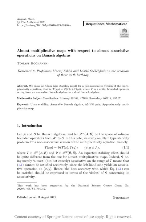 Pdf Almost Multiplicative Maps With Respect To Almost Associative Operations On Banach Algebras