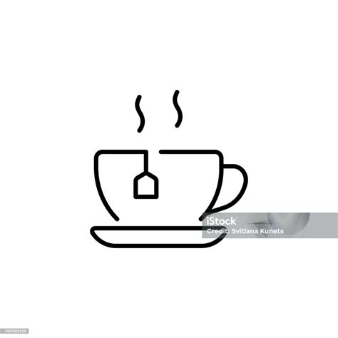 티 라인 아이콘입니다 컵 끓는 물 차 음료 커피 하우스 아침 식사 차 마시기 대화 음료 세이지 찻잎 자연 음식 개념입니다 흰색 배경에 벡터 검은 선 아이콘 검은색에 대한